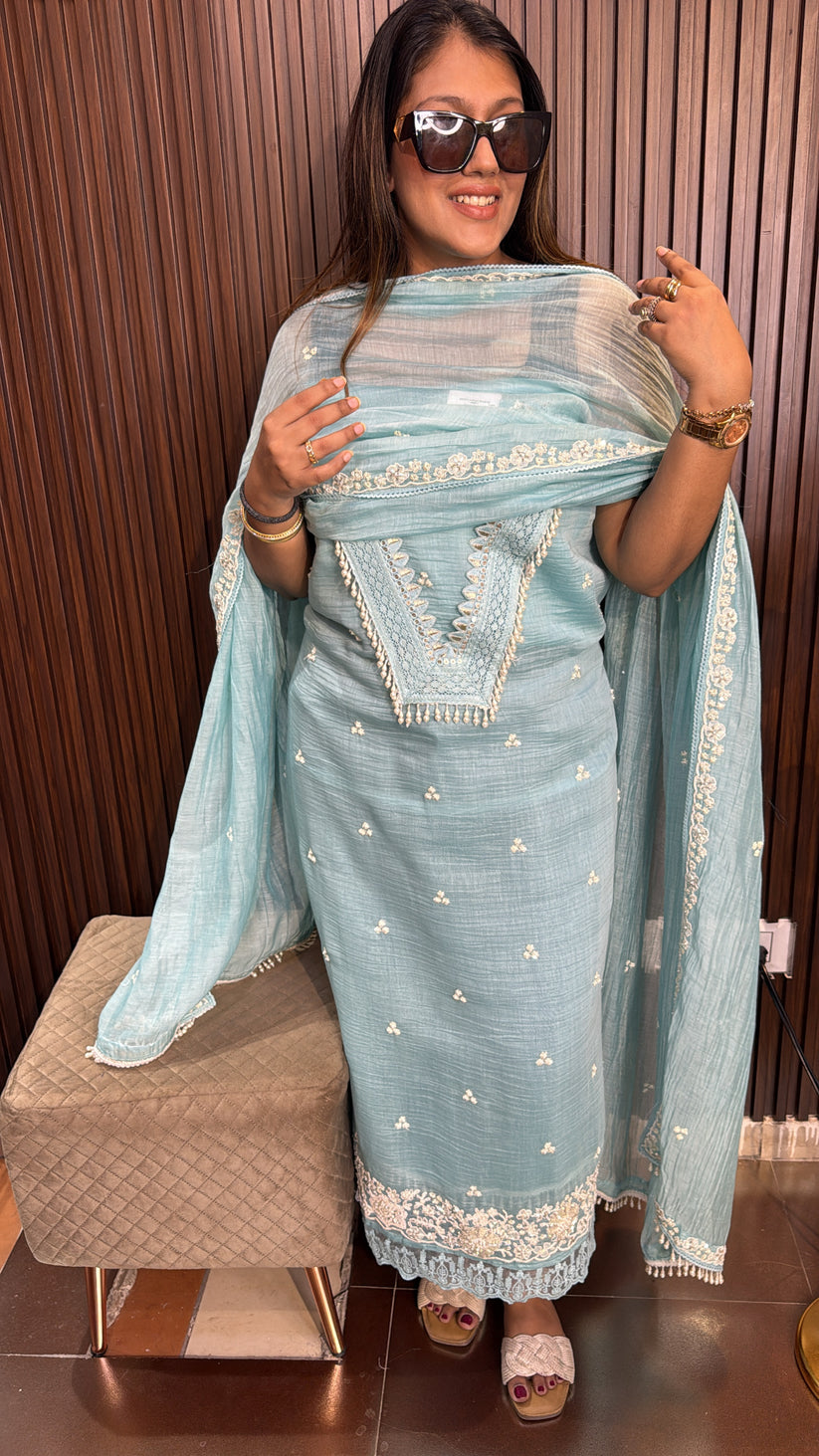 UNSTITCHED SUIT - Ice blue – Zoe By Bani